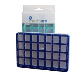 PILL ORGANISER SLIDE COVER 28 COMPARTMENT BLUE/GREEN